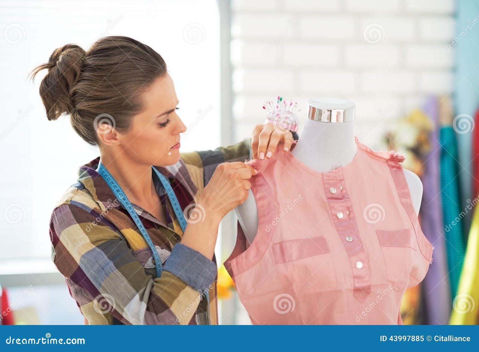 Tailor Woman with Working on Clothes in Studio Stock Image - Image of ...