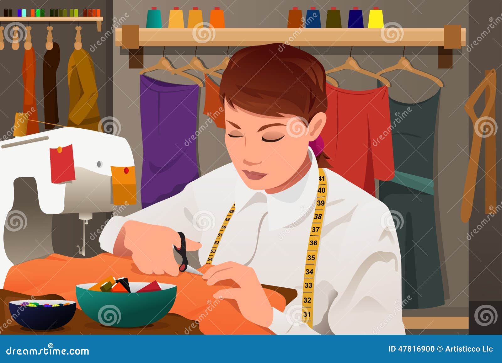 Tailor Working with Sewing Machine Stock Vector - Illustration of ...