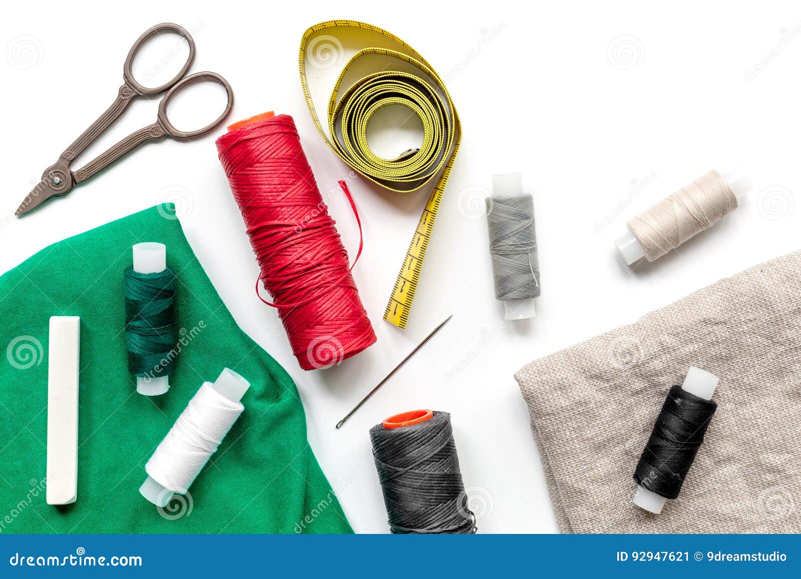 Tailor Workspace with Sewing and Handmade Tools White Desk Background ...