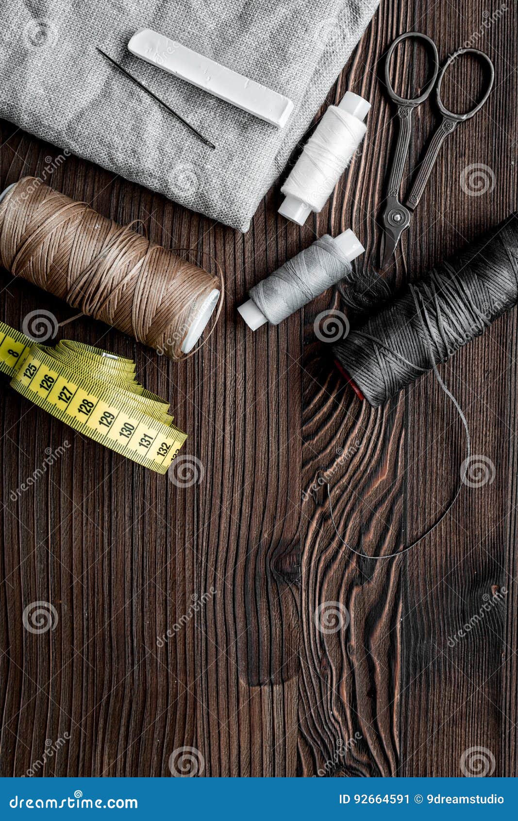 Tailor Workspace with Sewing and Handmade Tools Wooden Desk Back Stock ...