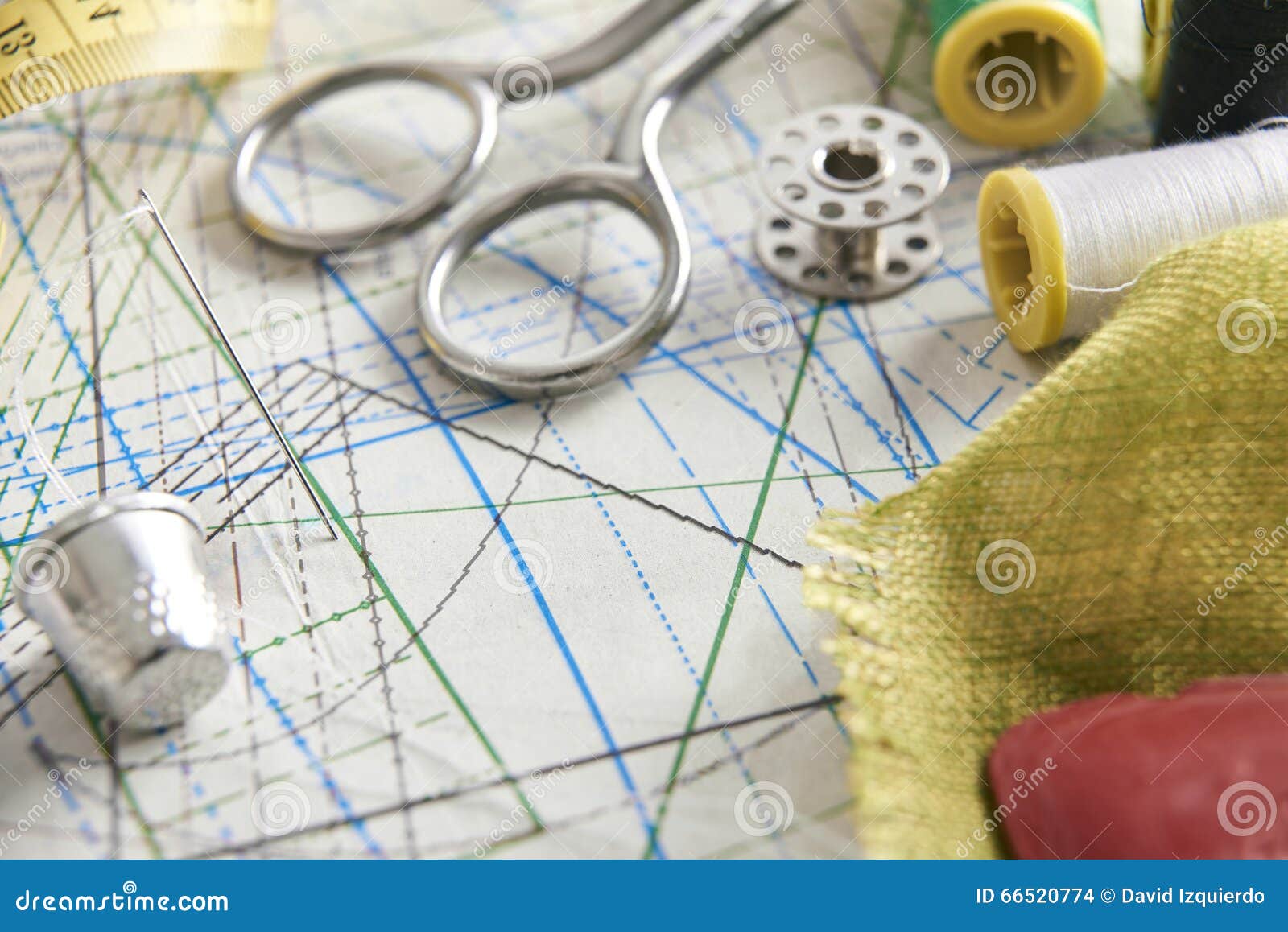 Tailoring Tools on Clothing Pattern Elevated View Stock Photo - Image ...