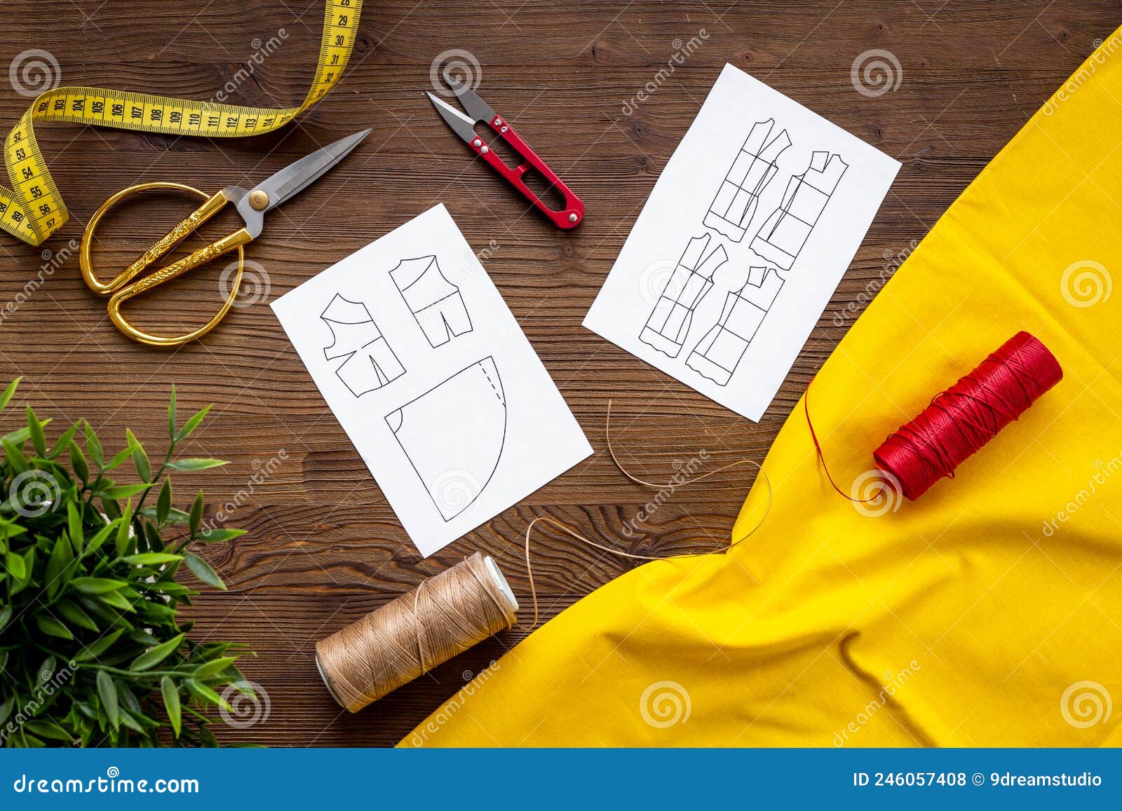 Tailoting - Clothing Sewing Fabric with Dress Patterns, Top View Stock ...