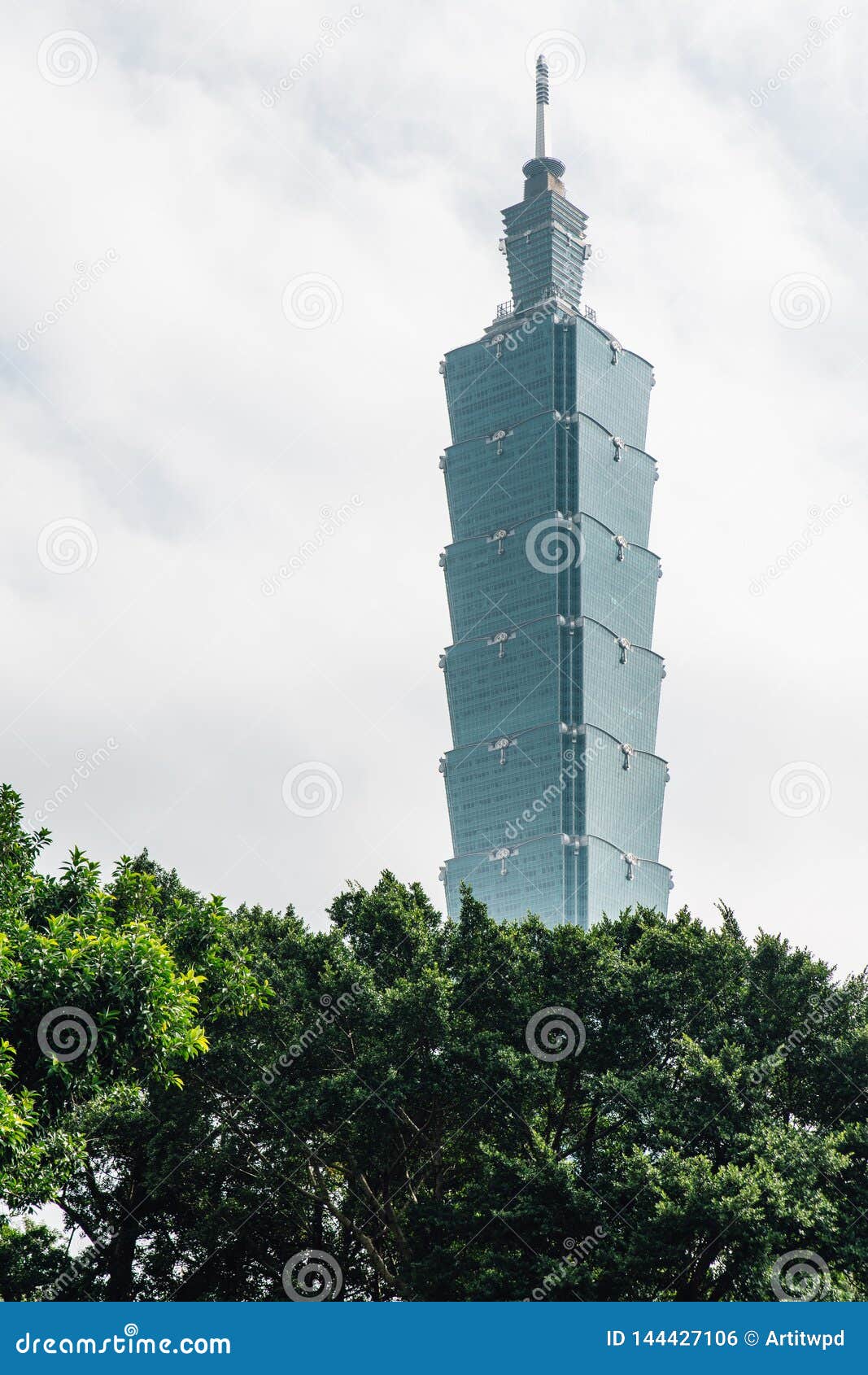 Taipei 101 Buildings with Tree Branches Below with Bright Blue Sky and ...