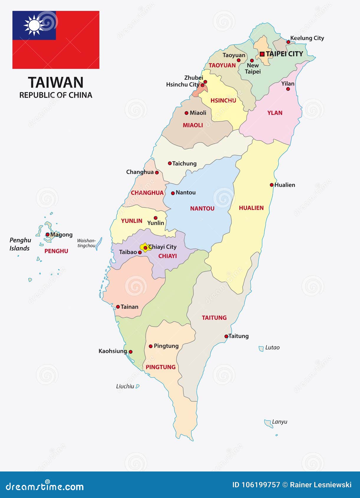 Taiwan Administrative and Political Map with Flag Stock Vector ...