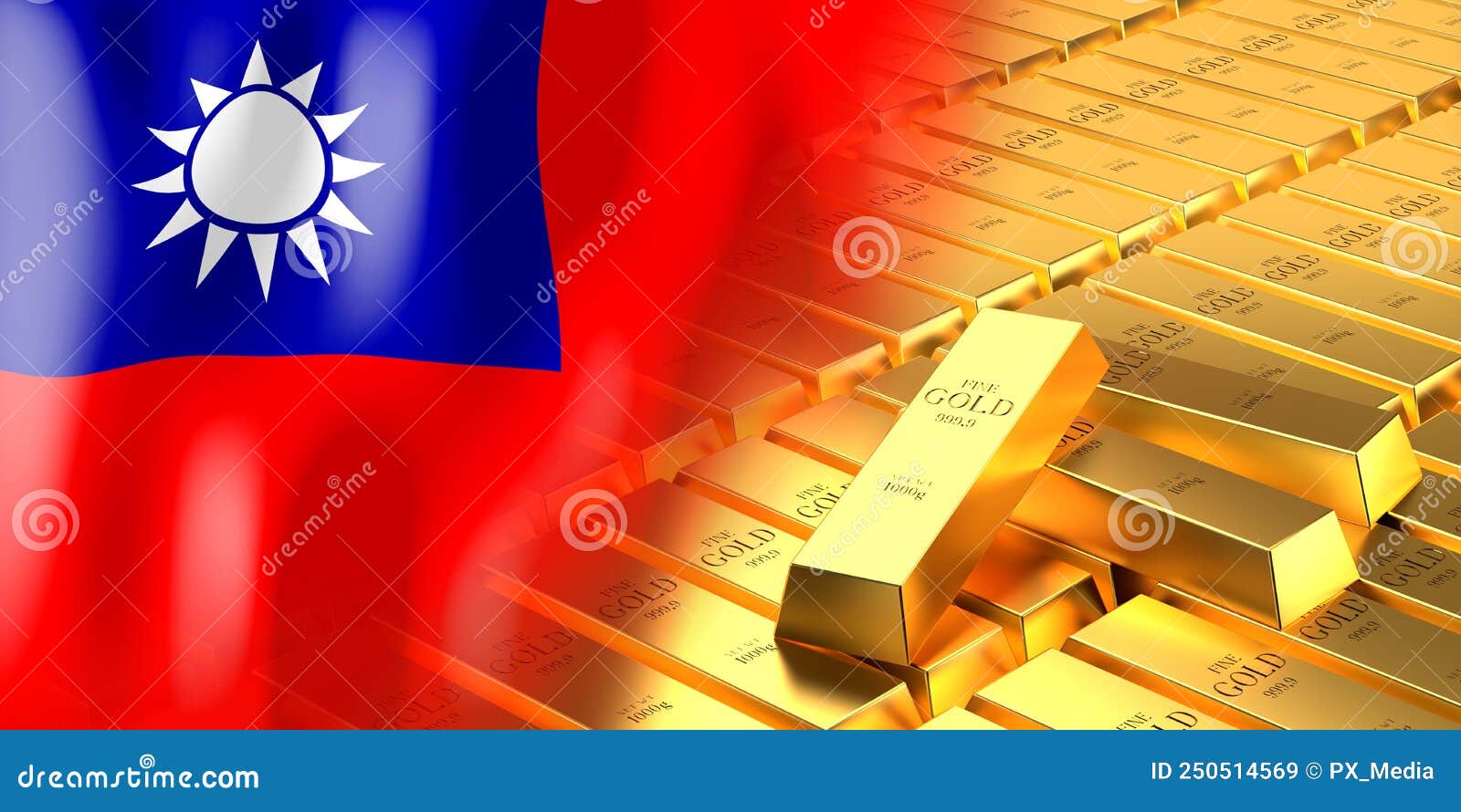 Taiwan Flag and Gold Ingots - 3D Illustration Stock Illustration ...
