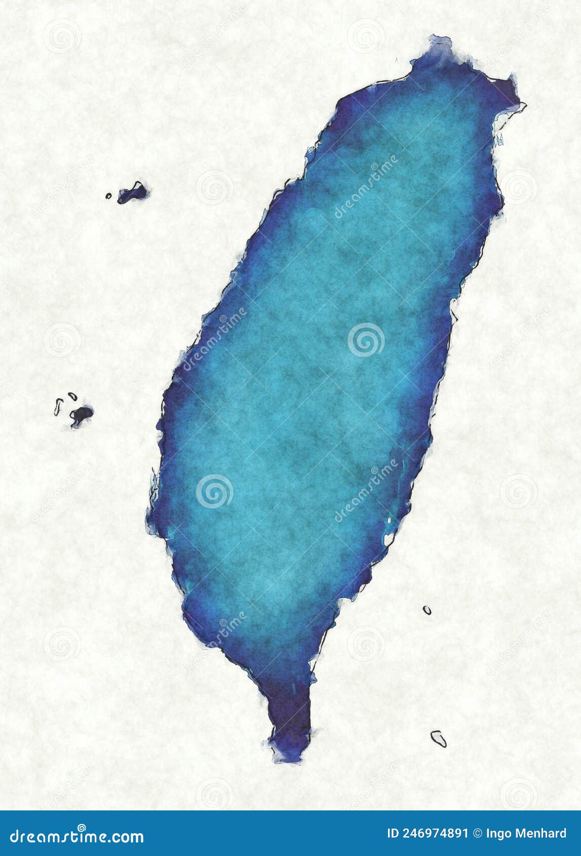 Taiwan Map with Drawn Lines and Blue Watercolor Illustration Stock ...