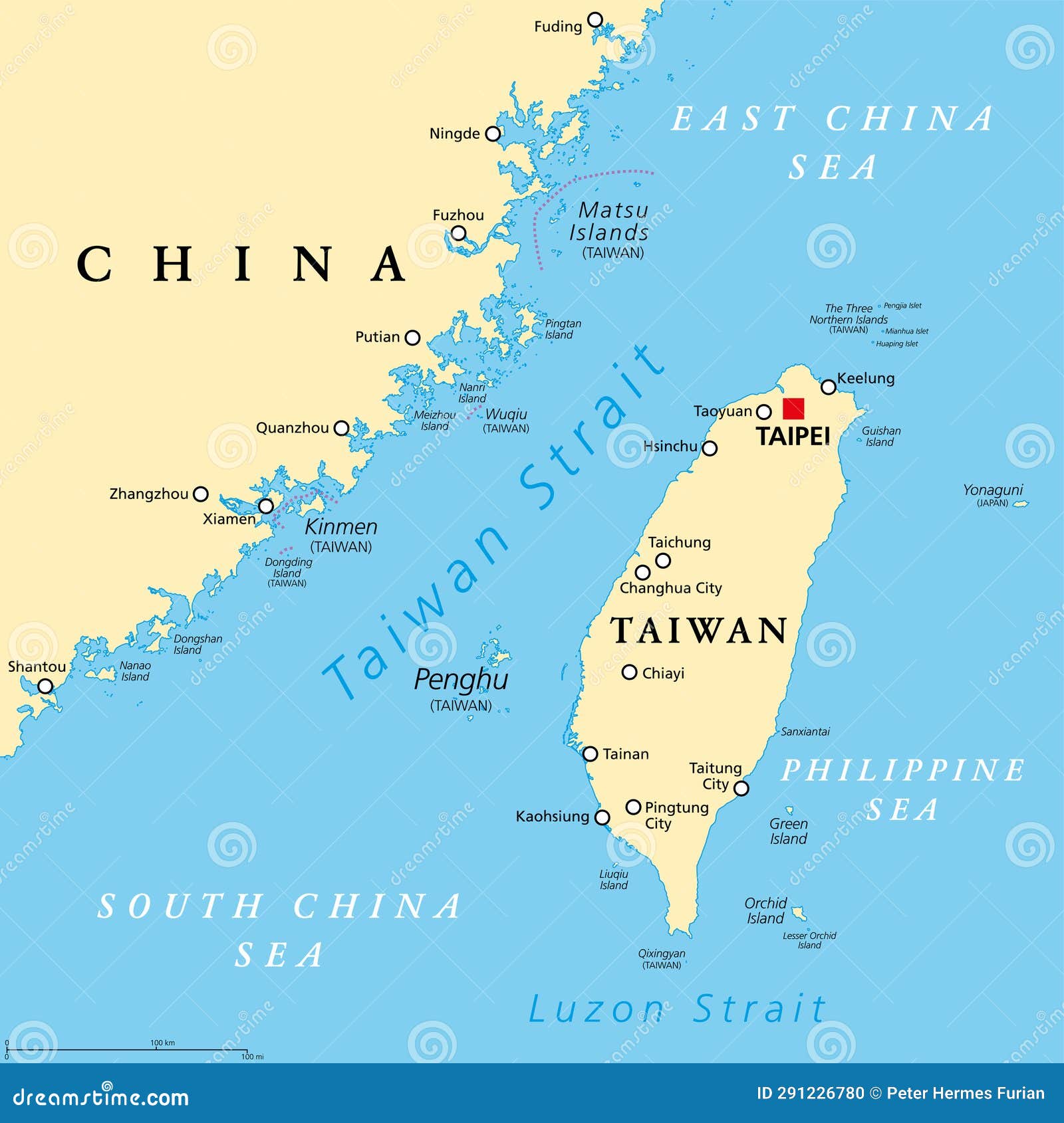 Taiwan Strait, Separating Taiwan and Continental Asia, Political Map ...