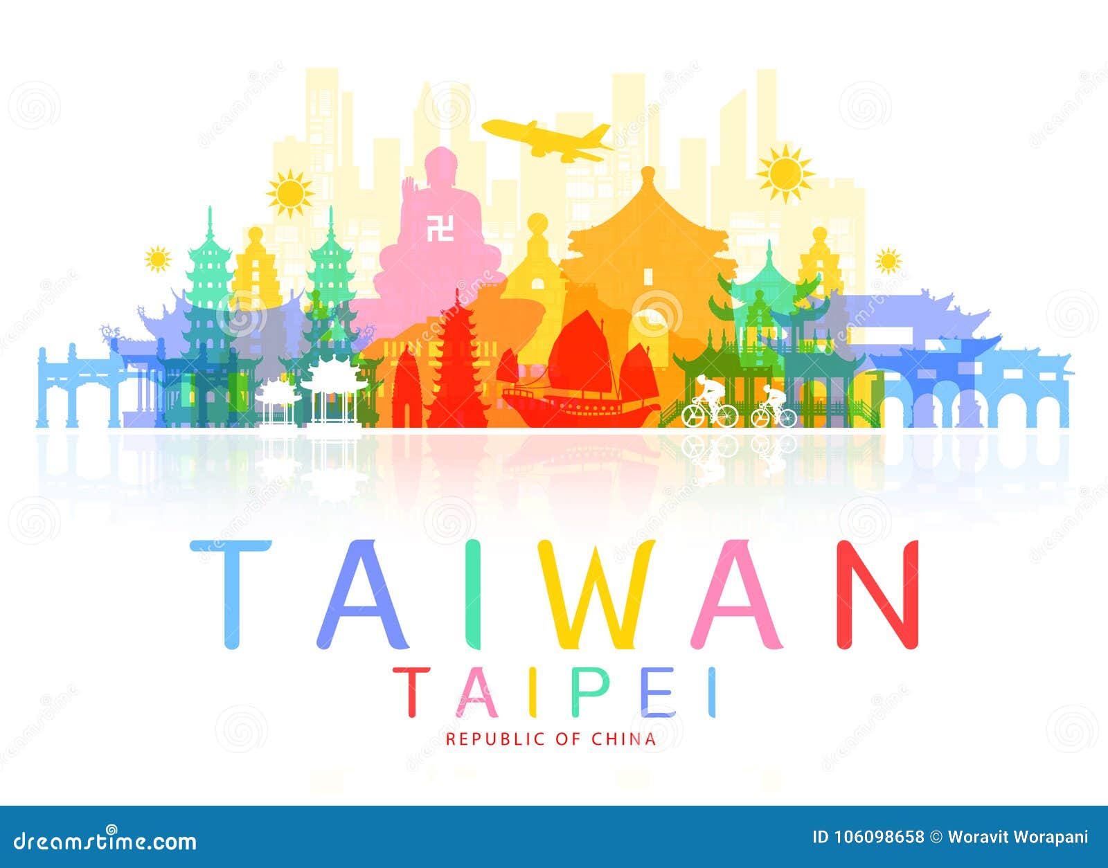 Taiwan Travel Concept With Famous Attractions Cartoon Vector ...