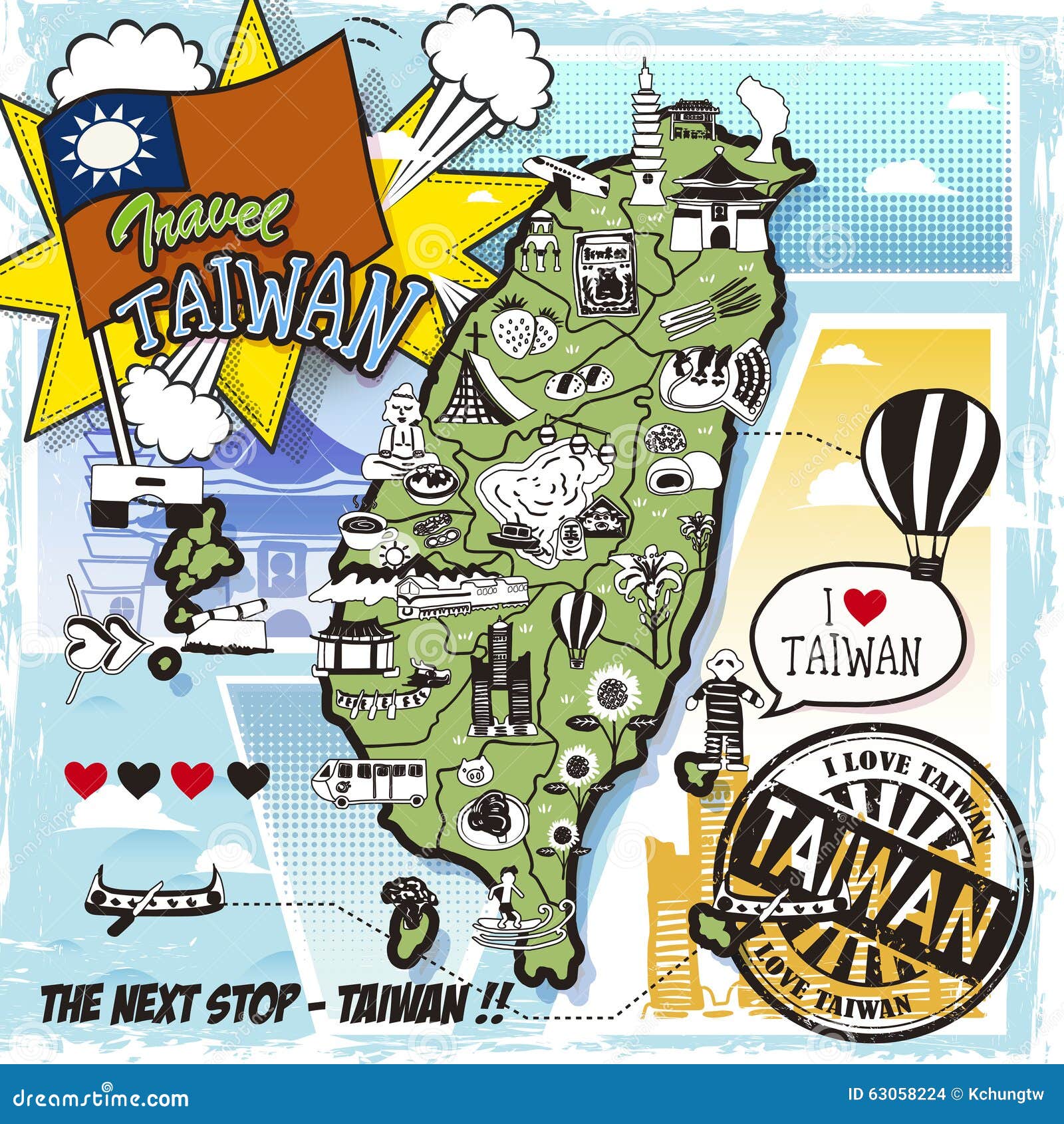 Taiwan Travel Map in Comic Style Stock Vector - Illustration of ...