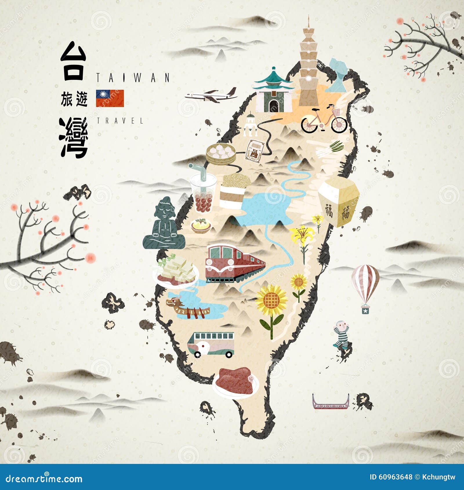 Taiwan travel map stock illustration. Illustration of balloon - 60963648