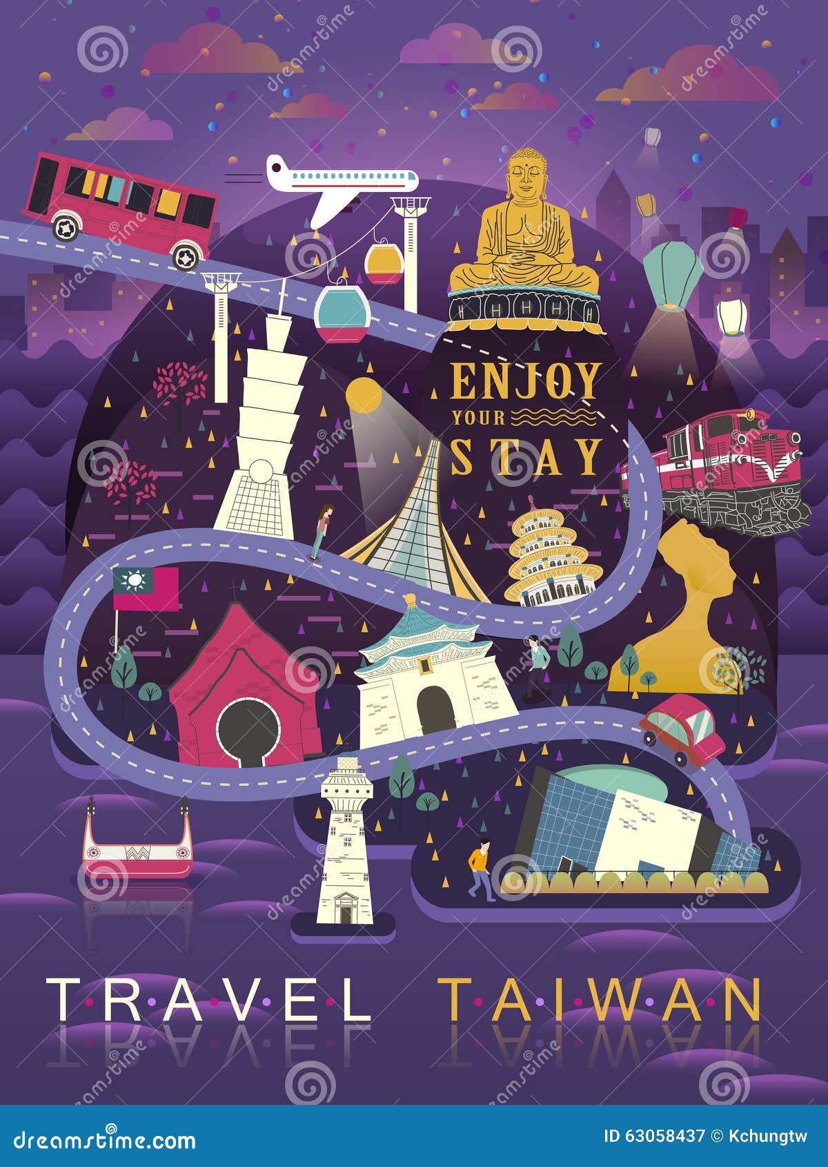 Taiwan Travel Concept With Famous Attractions Cartoon Vector ...