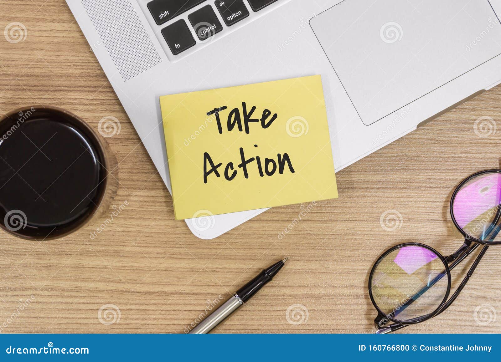 Take Action. Sticky Note and Laptop on Wooden Work Desk Stock Photo ...