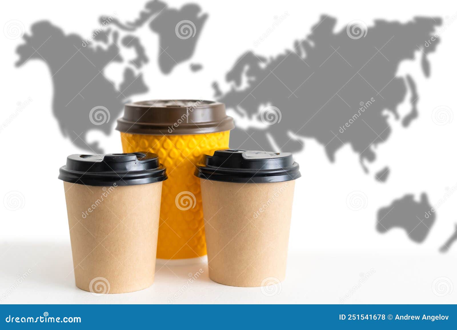 Take Away Coffee on World Map Background. Stock Photo - Image of flag ...