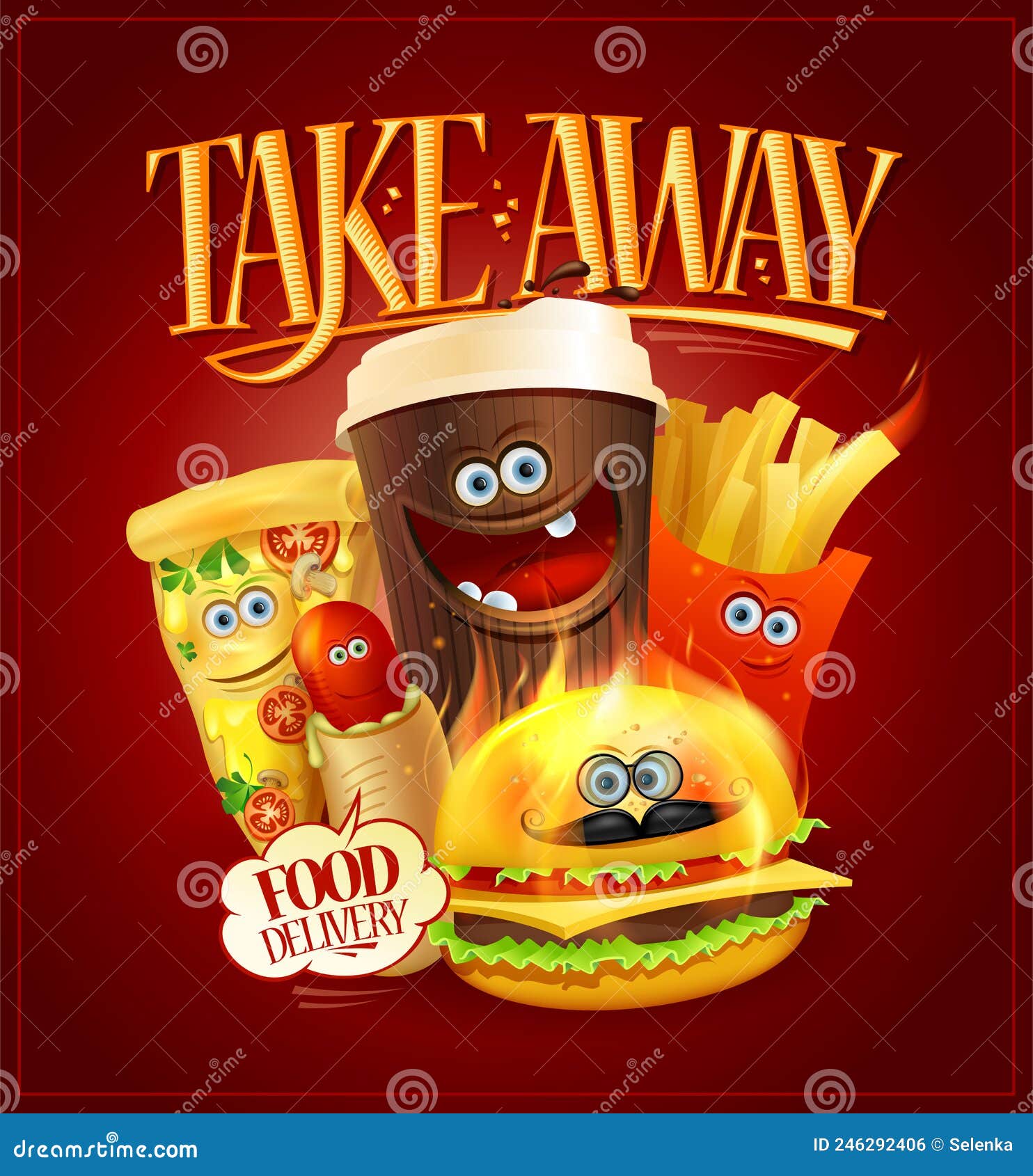 Take Away Food, Food Delivery Poster Design Stock Vector - Illustration ...