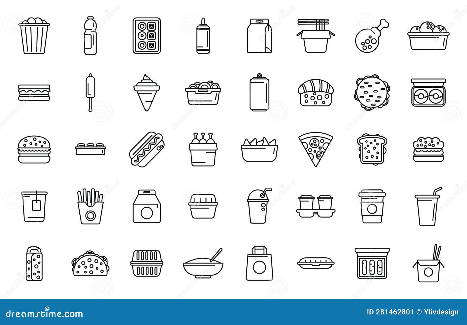 Take Away Food And Drinks Icons Set Outline Vector Burger Cinema Stock