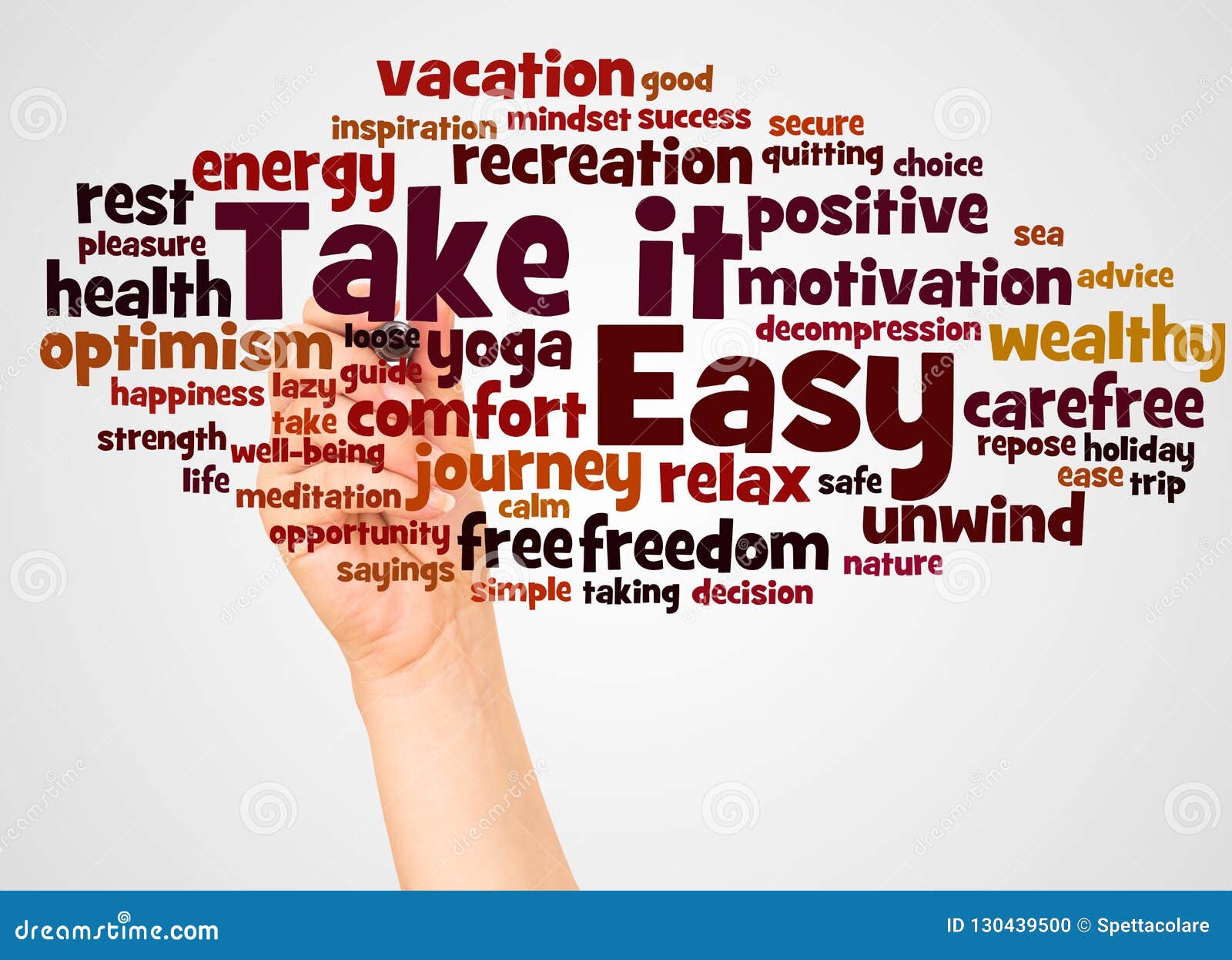 Take it Easy Word Cloud and Hand with Marker Concept Stock Illustration ...