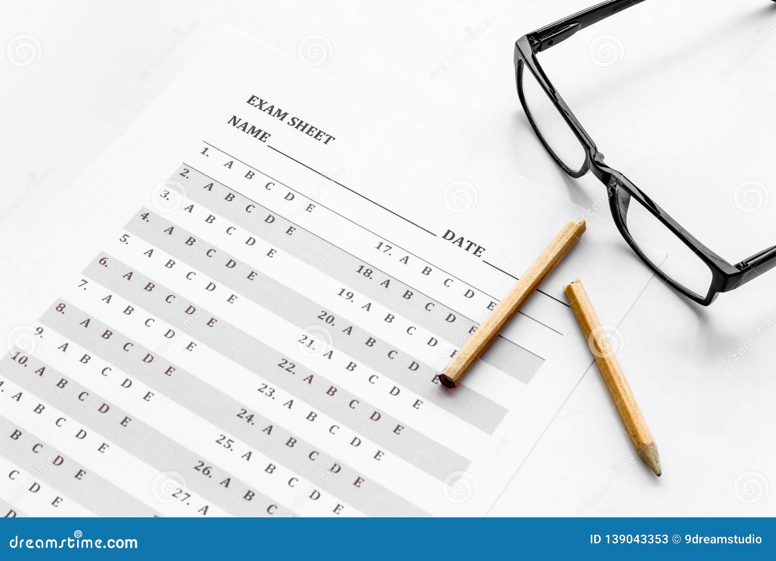 Take the Exam. Exam Sheet Near Glasses and Pencil on White Background ...