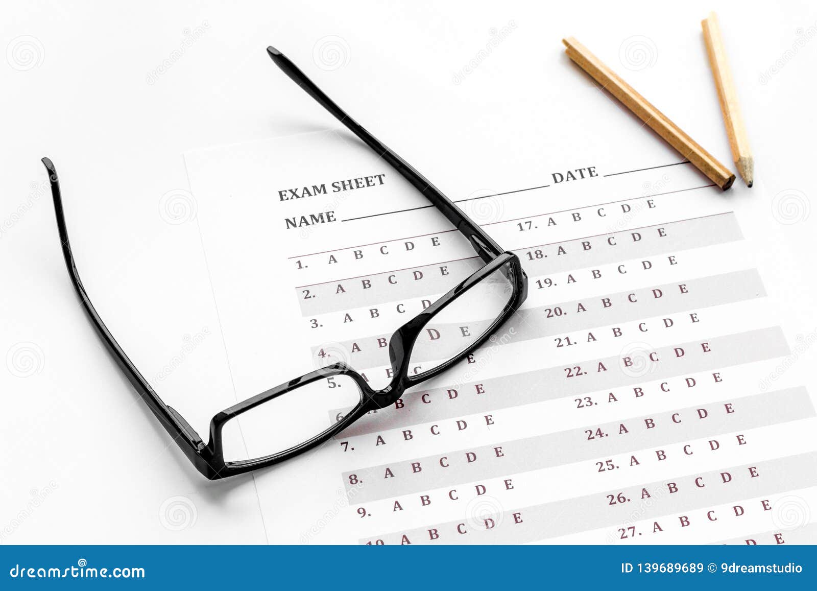 Take the Exam. Exam Sheet Near Glasses and Pencil on White Background ...