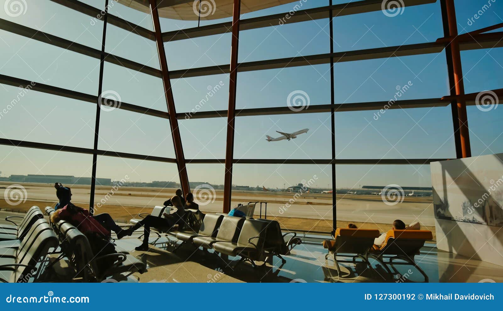 Take Off the Plane in the Windows of the Airport. Stock Photo - Image ...