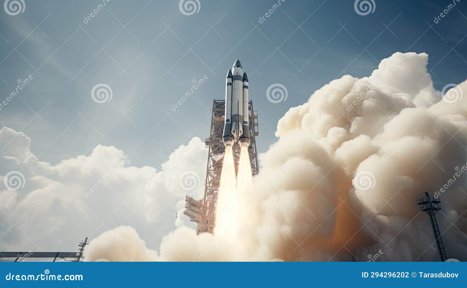 Take-off of Space Rocket at Test Site. Cosmodrome and Launch of the ...