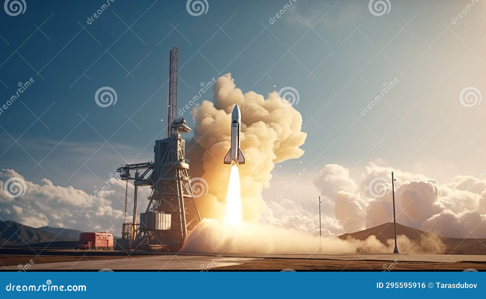 Take-off of Space Rocket at Test Site. Cosmodrome and Launch of the ...