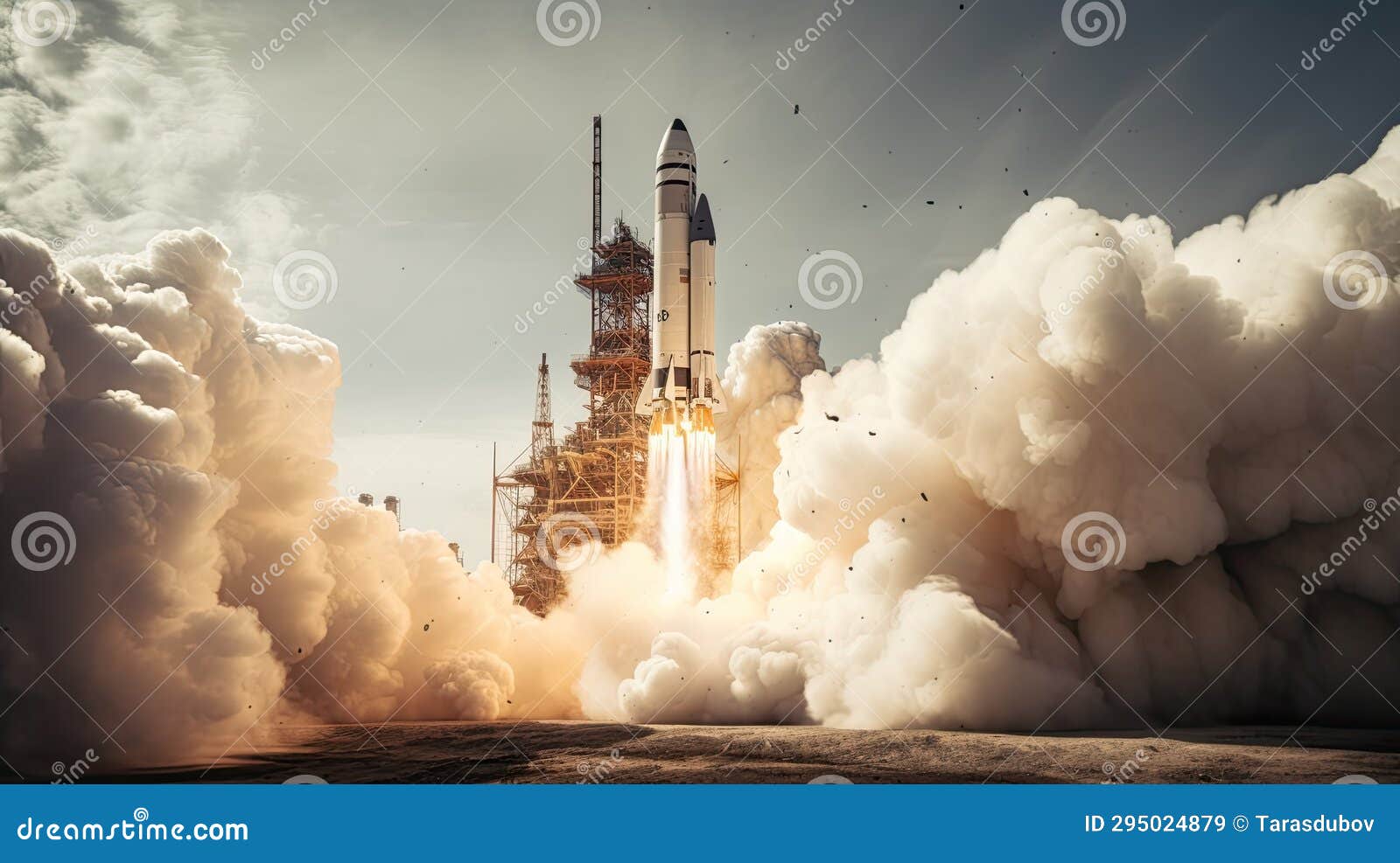 Take-off of Space Rocket at Test Site. Cosmodrome and Launch of the ...