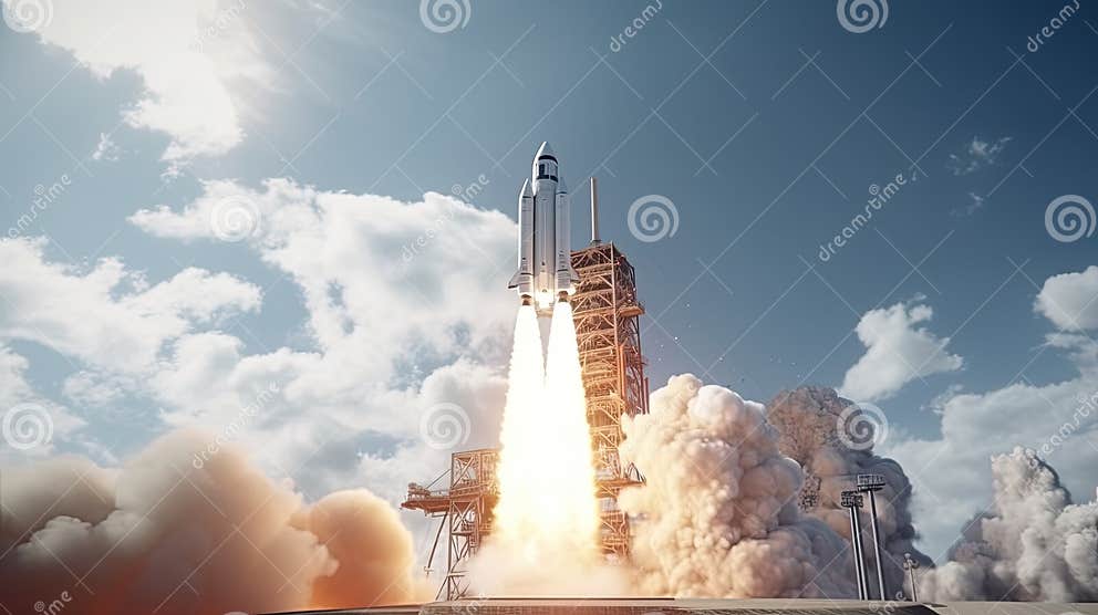 Take-off of Space Rocket at Test Site. Cosmodrome and Launch of the ...