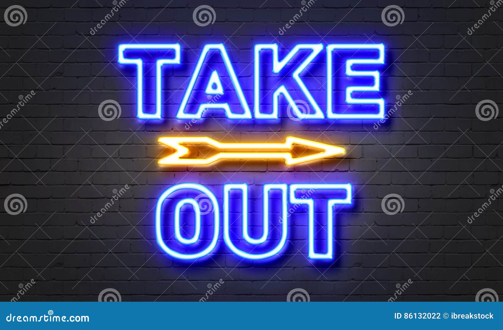Take out neon sign stock photo. Image of brick, fries - 86132022