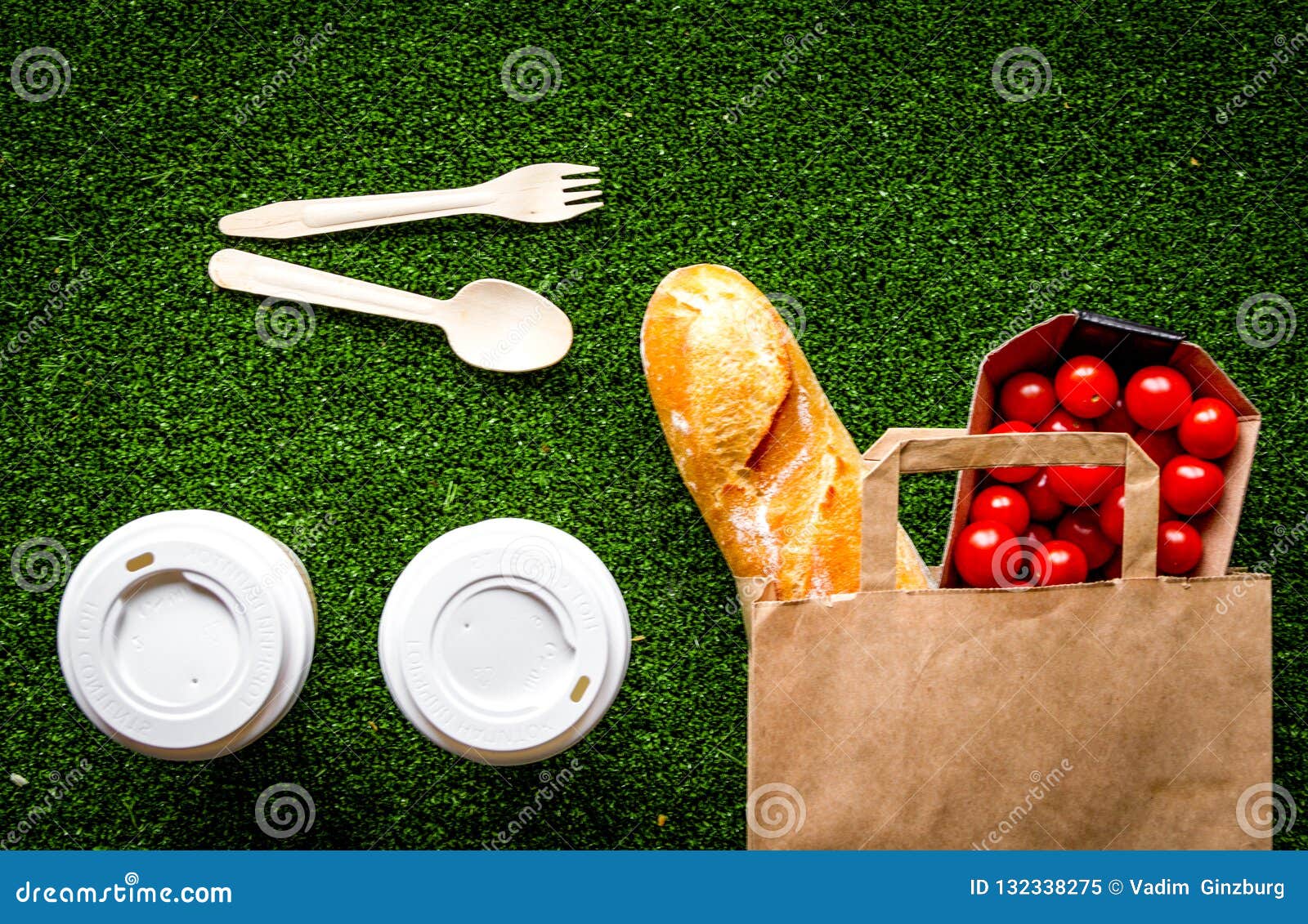 Take Out in Paper Bag on Green Background Top View Stock Image - Image ...