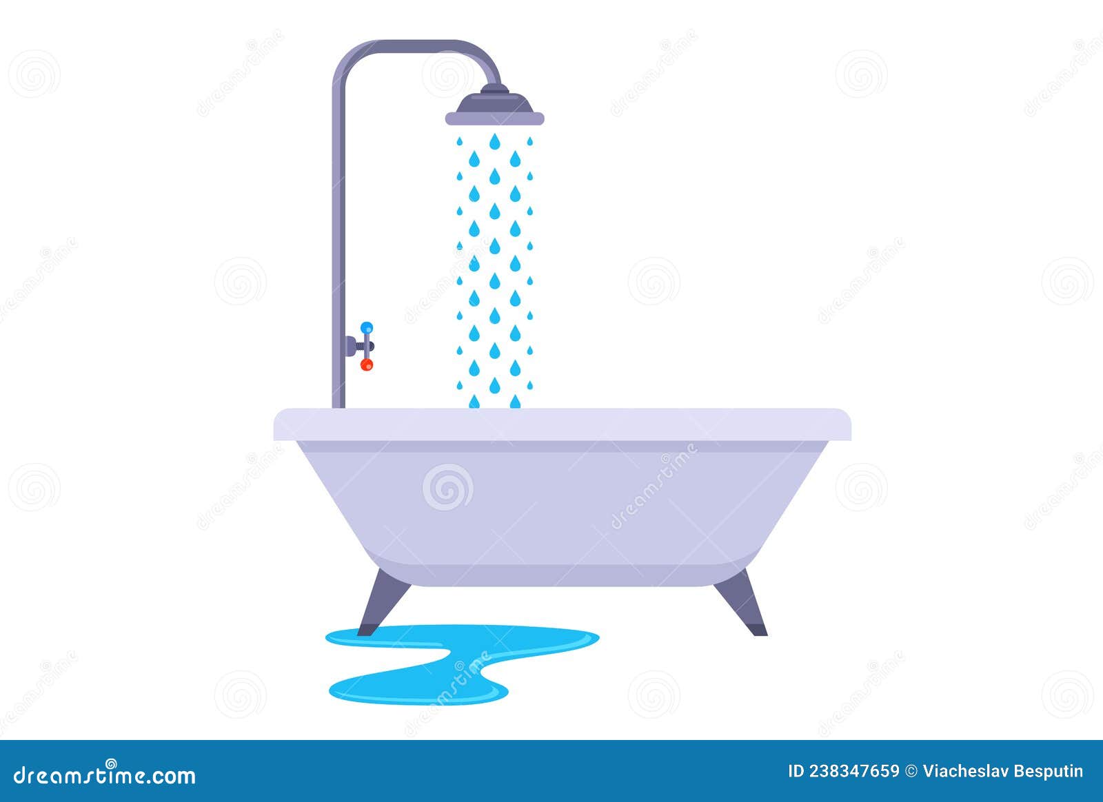 Take a Shower in a White Bath. Puddle of Water in the Bathroom. Stock ...