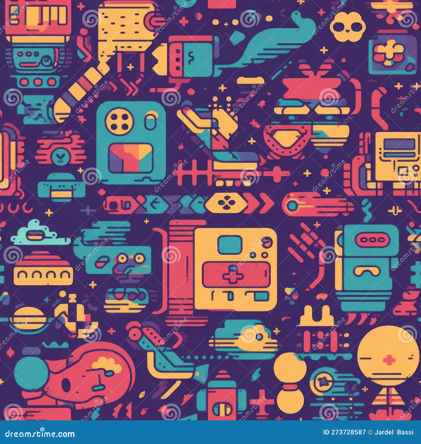 Seamless 80s Retro Pattern with Video Game Theme Stock Illustration ...