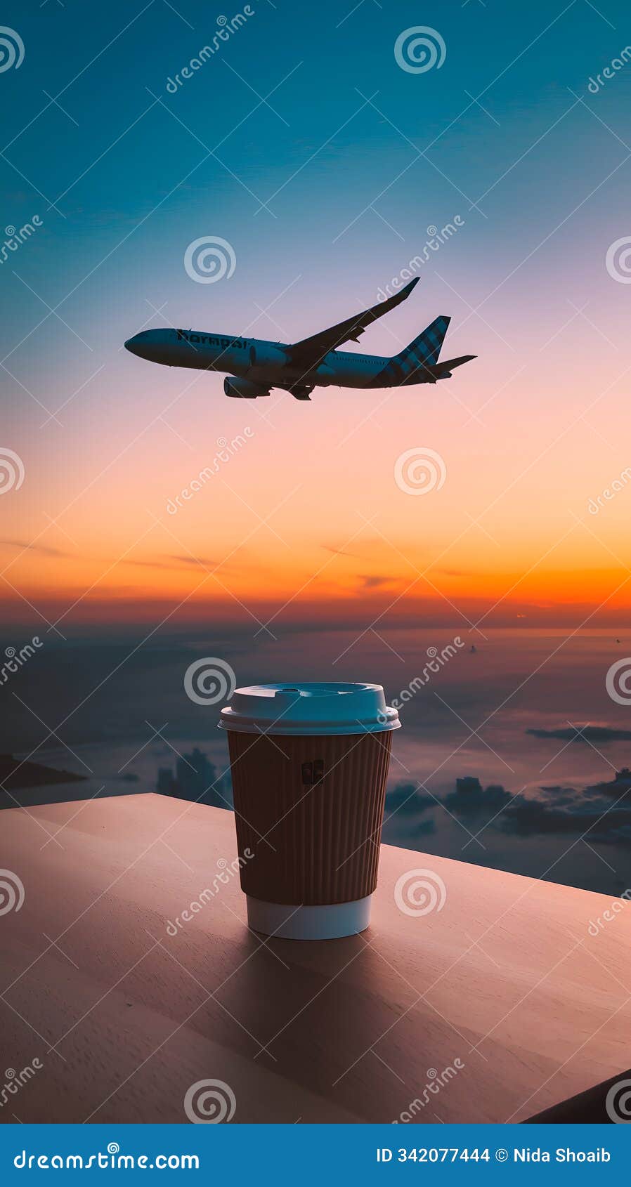 Takeaway Coffee Cup on Table, Airplane Overhead during Sunset Stock ...