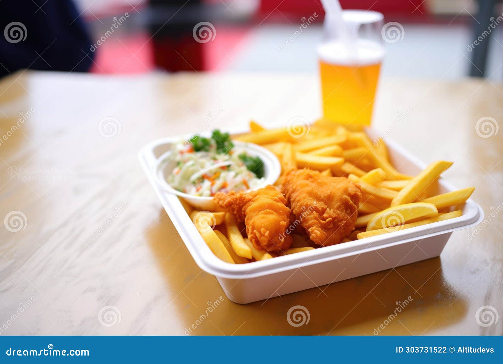 Takeaway Fish and Chips in a Styrofoam Container with a Fork Stock ...