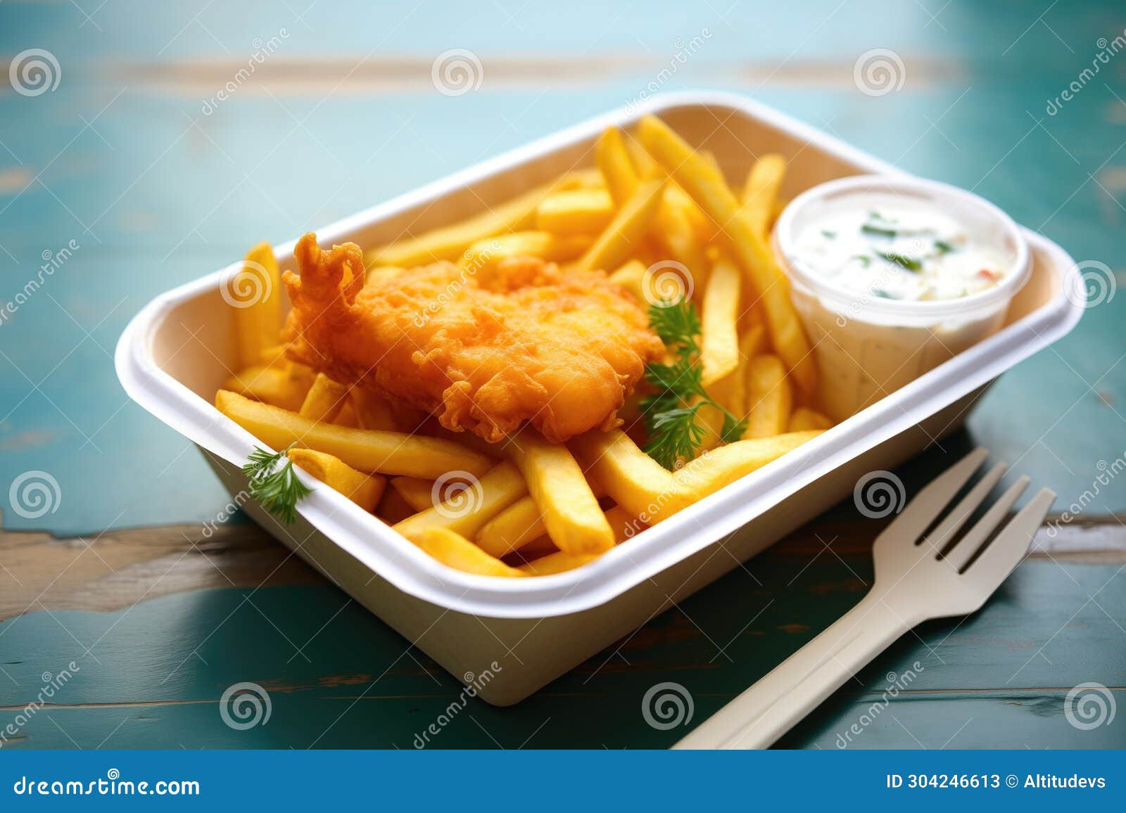 Takeaway Fish and Chips in a Styrofoam Container with a Fork Stock ...