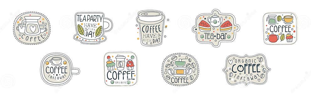 Takeaway Tea and Coffee Hand Drawn Label Vector Set Stock Illustration ...