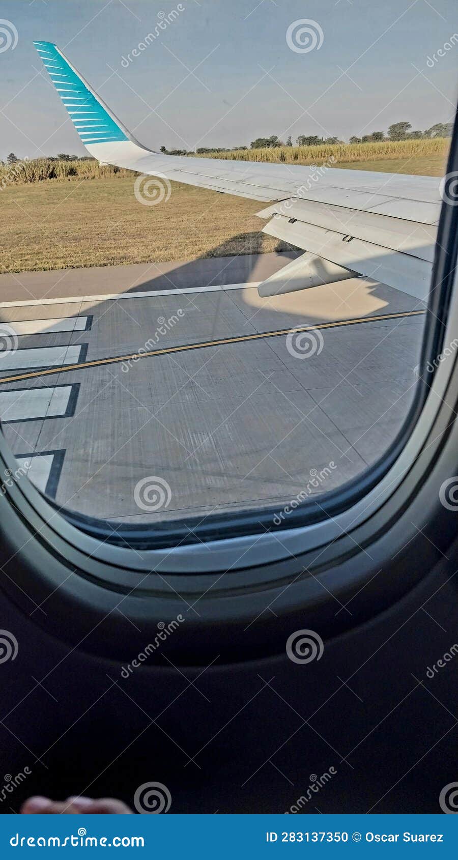 Takeoff, View from Plane, Runway and Wing Details Stock Photo - Image ...