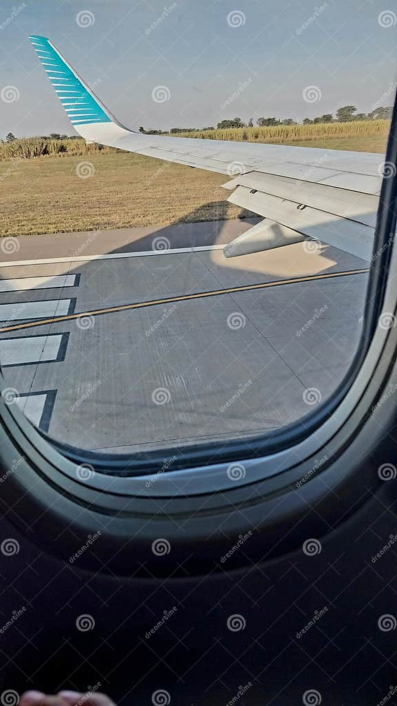 Takeoff, View from Plane, Runway and Wing Details Stock Photo - Image ...