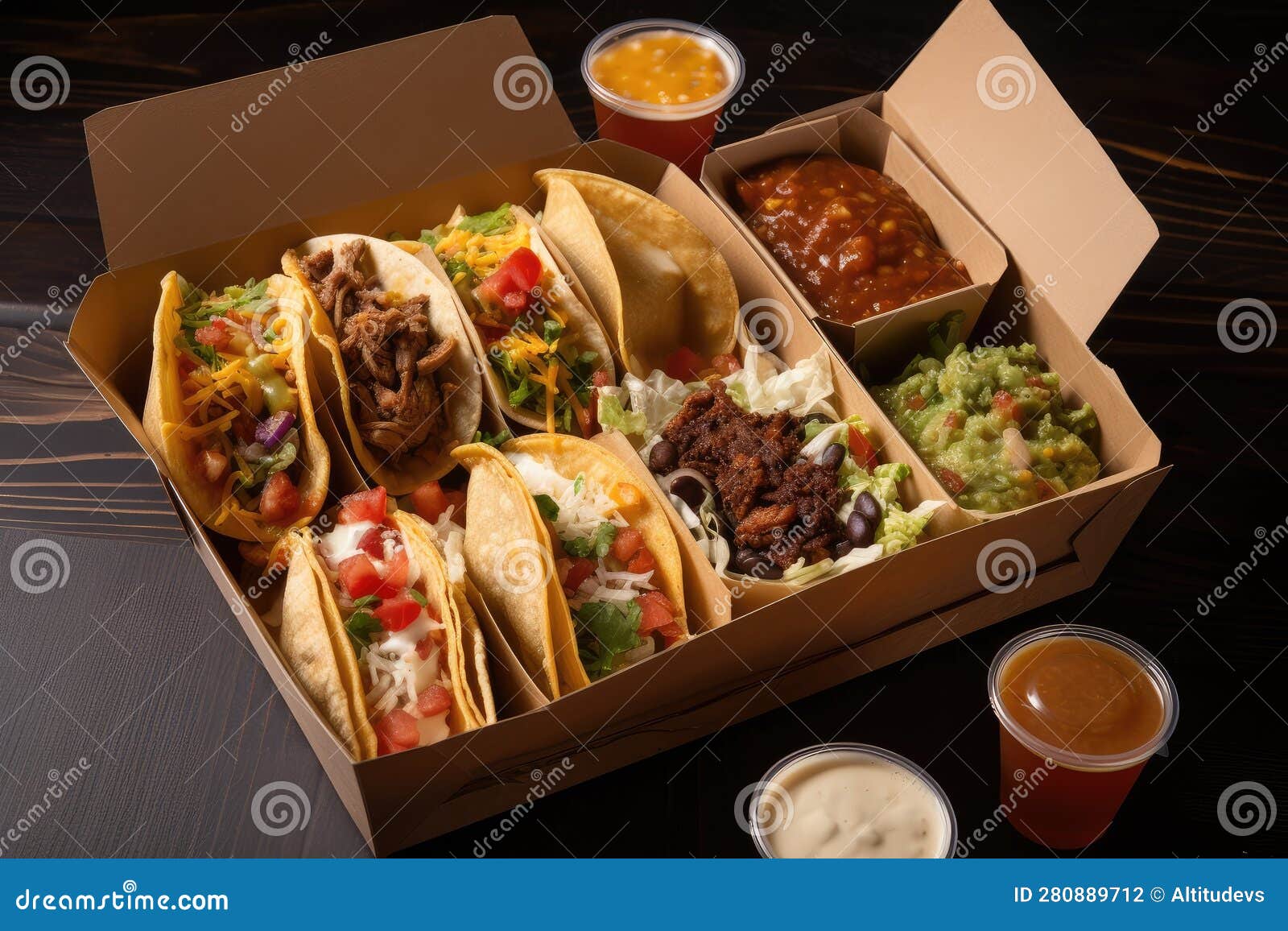 Takeout Box Filled with Tacos, Burritos, and Nachos Stock Photo - Image ...