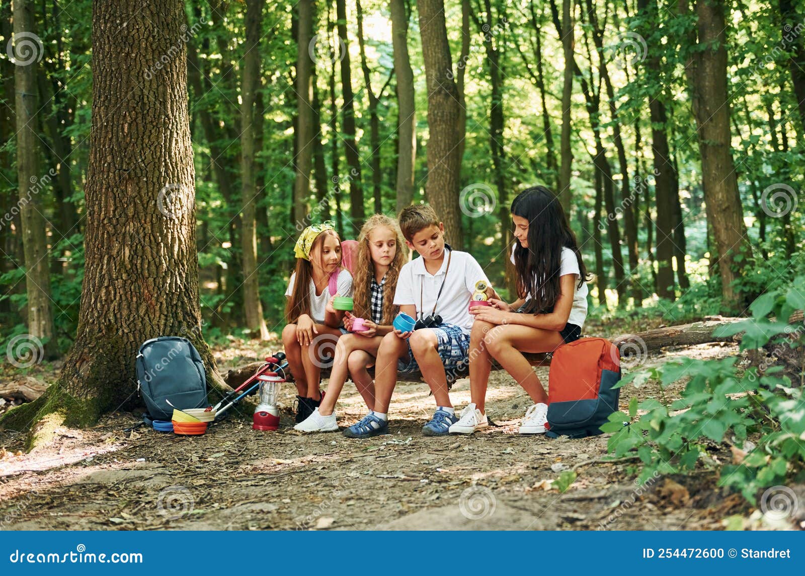 Taking a Break. Kids Strolling in the Forest with Travel Equipment ...