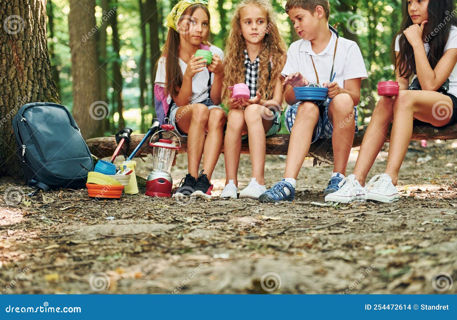 Taking a Break. Kids Strolling in the Forest with Travel Equipment ...