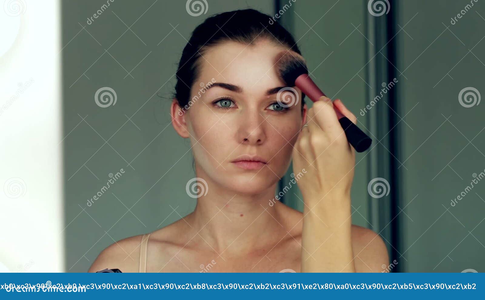 Taking Off Her Make-up. Beautiful Cheerful Young Woman Using Brush and ...