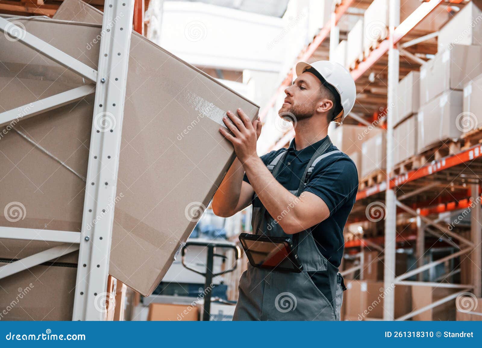 Taking Out the Box. Employee in Uniform is Working in the Storage at ...