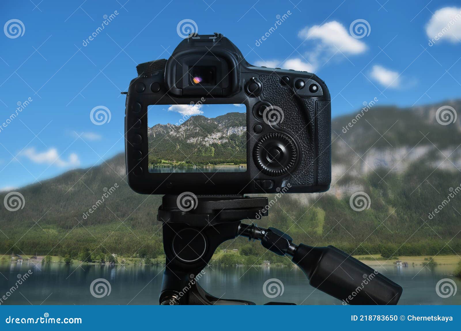 Taking Photo of Beautiful Mountain Landscape with Camera Mounted on ...