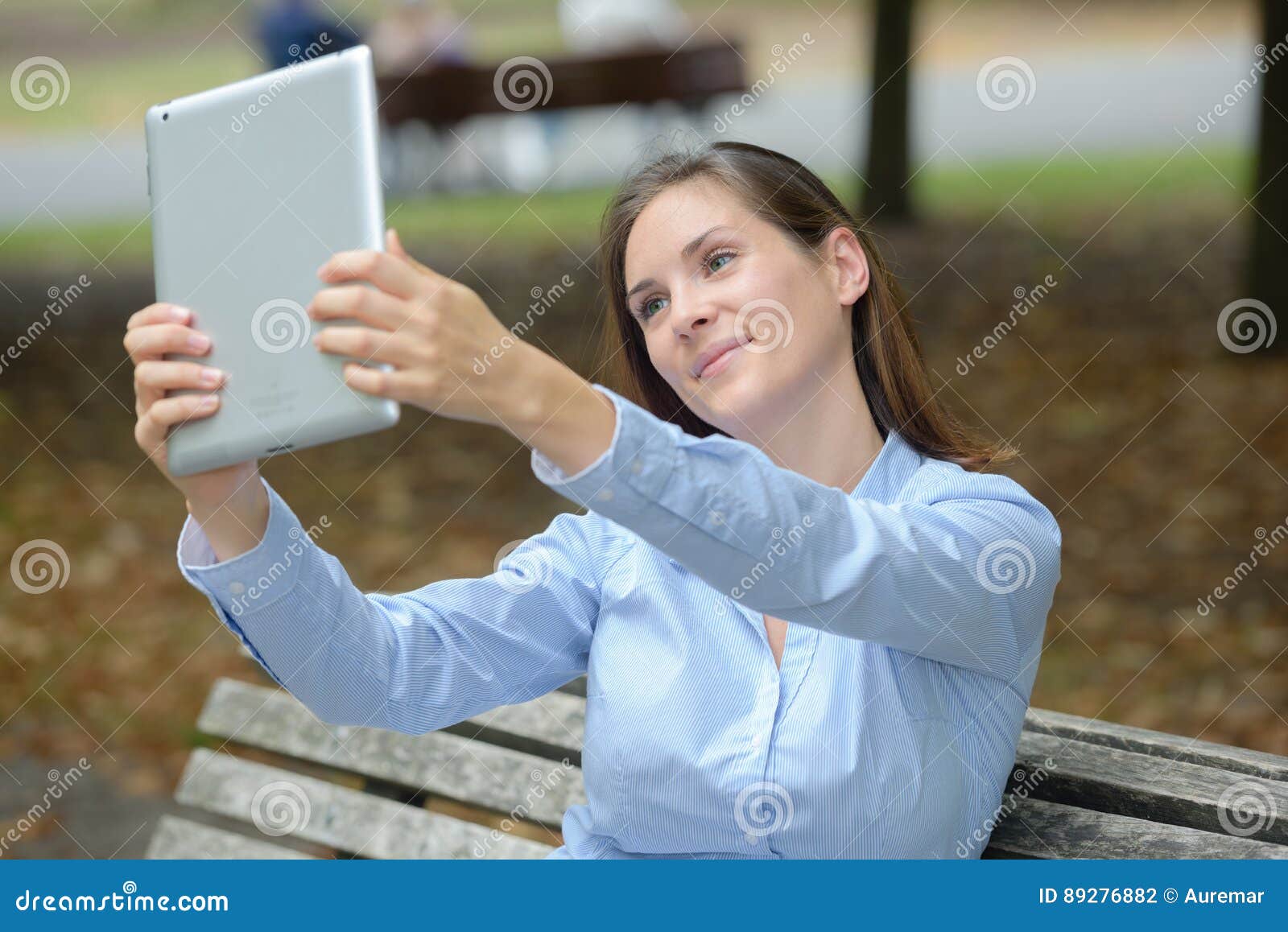 Taking selfie with tablet stock photo. Image of selfie - 89276882