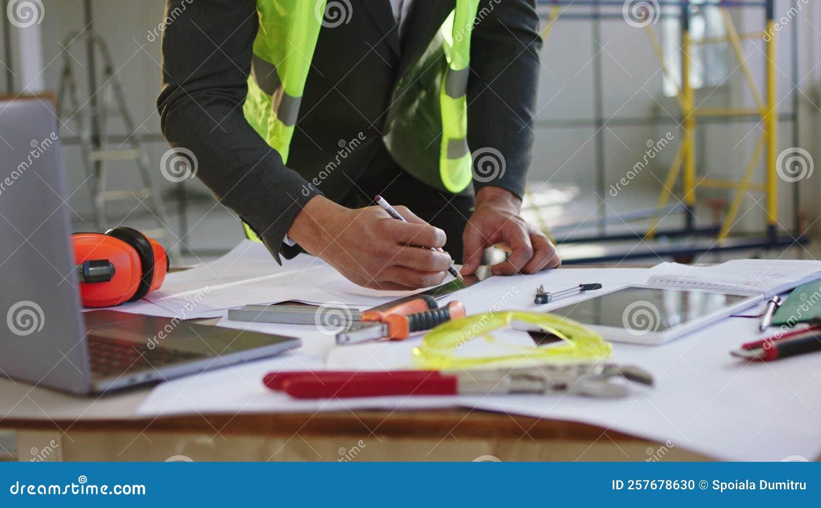 Taking Video Details Working Architect at Construction Site he Make ...