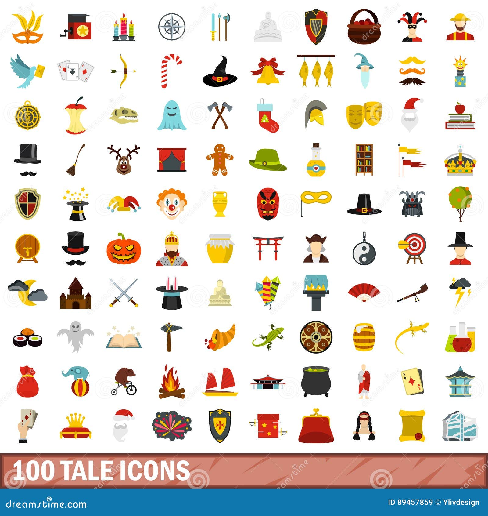 100 Tale Icons Set, Flat Style Stock Vector - Illustration of jester ...