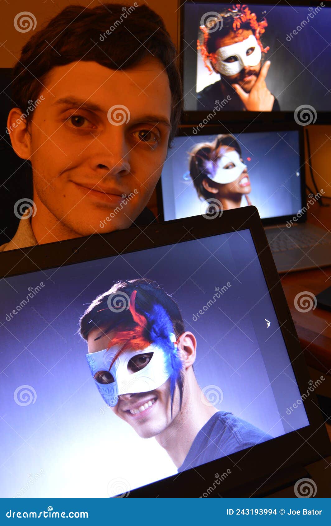 Man Working in Office with Multiple Computer Screens Stock Photo ...