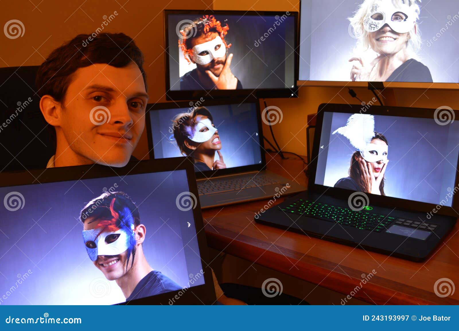 Man Working in Office with Multiple Computer Screens Stock Image ...