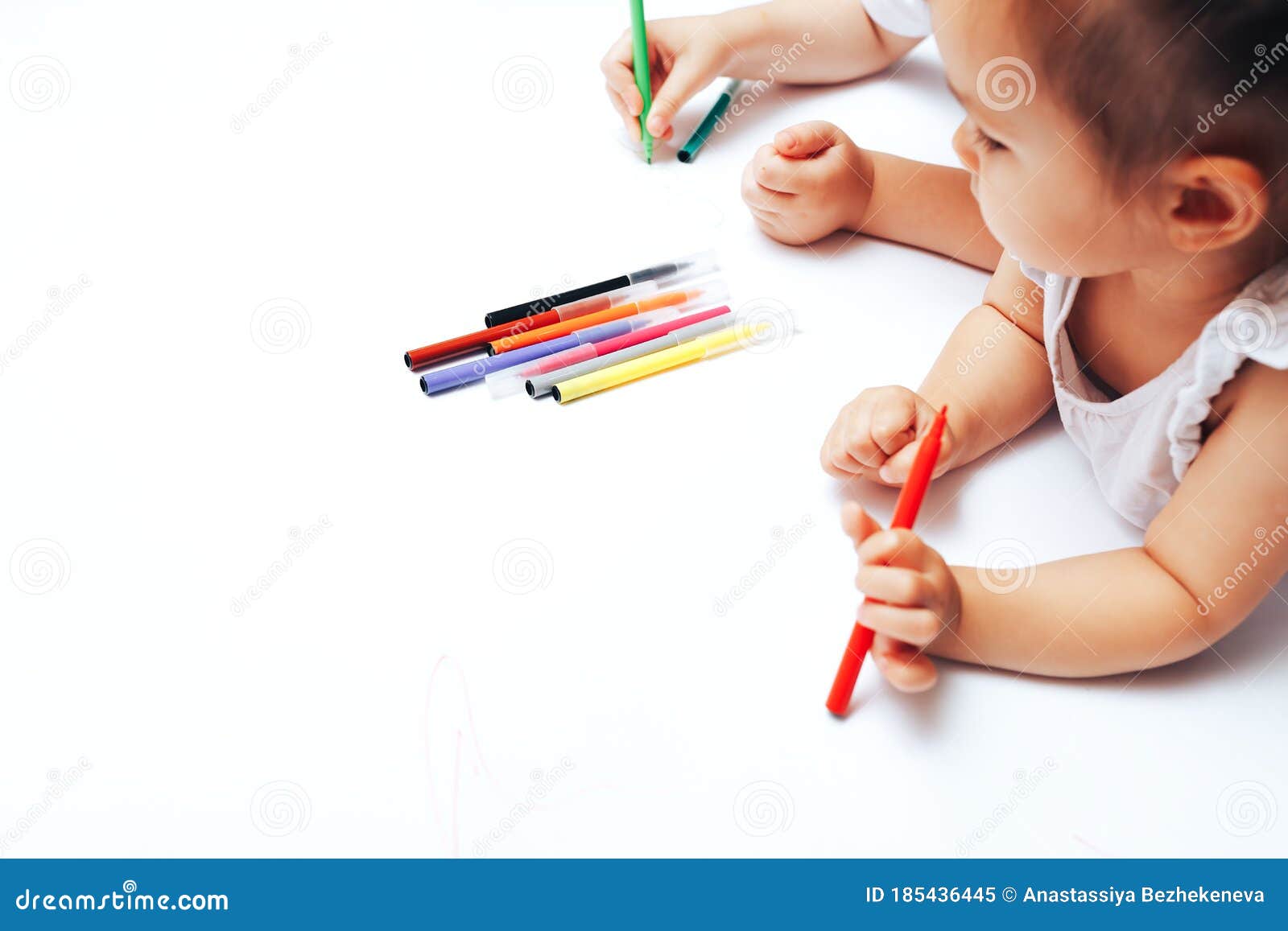 Talented Children Draw with Colored Felt-tip Pens on White Paper ...