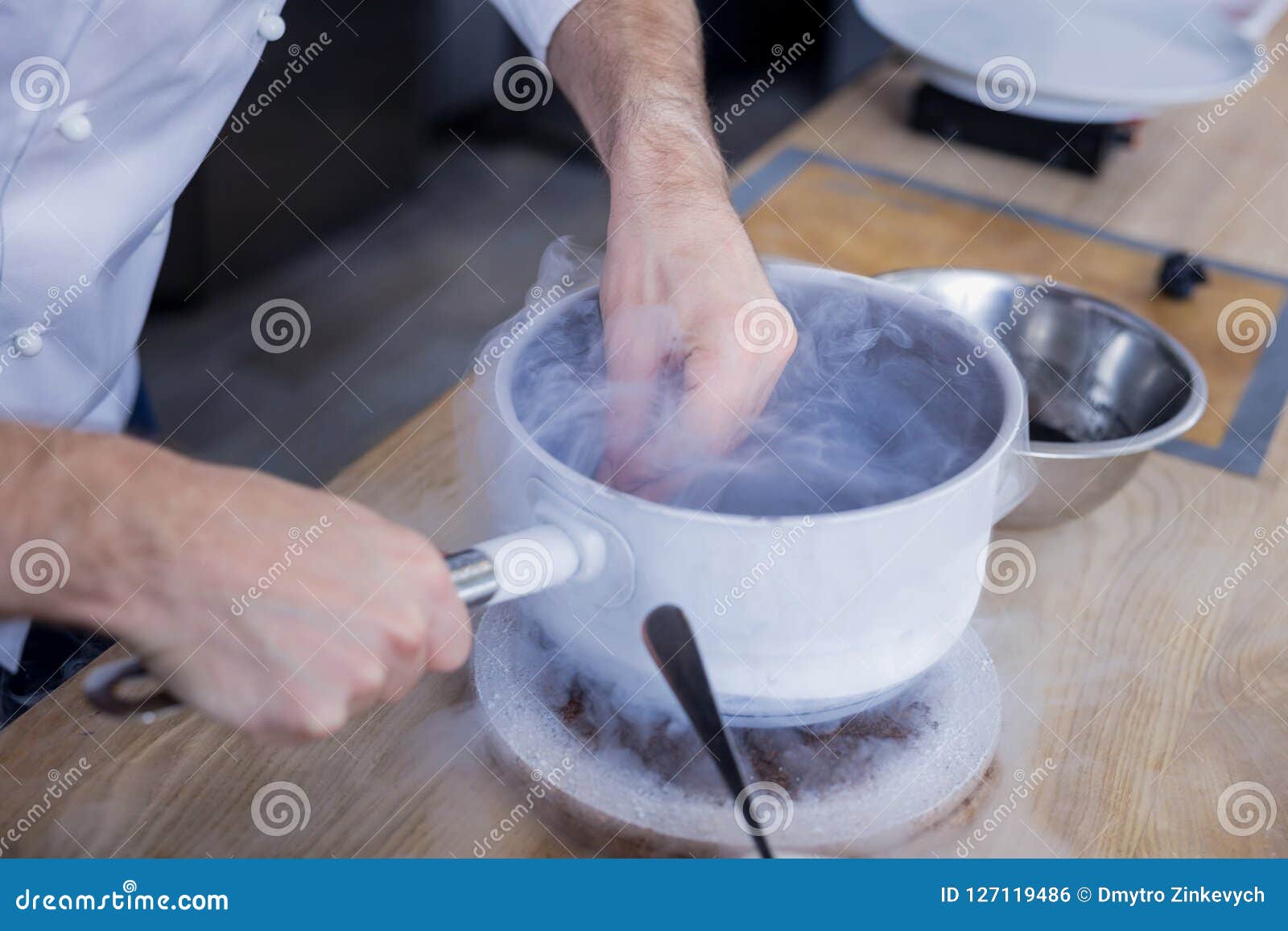 Talented Cook Practicing Molecular Gastronomy in the Kitchen Stock ...